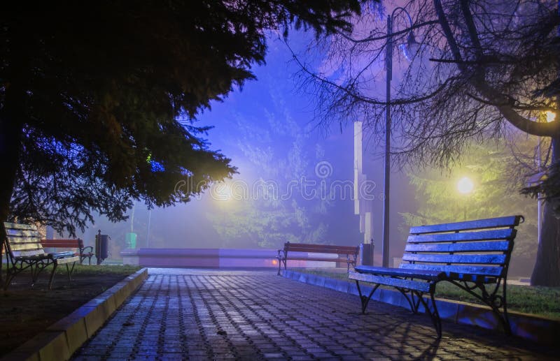 Wood Benches in the Night Park Stock Photo - Image of post, lantern ...