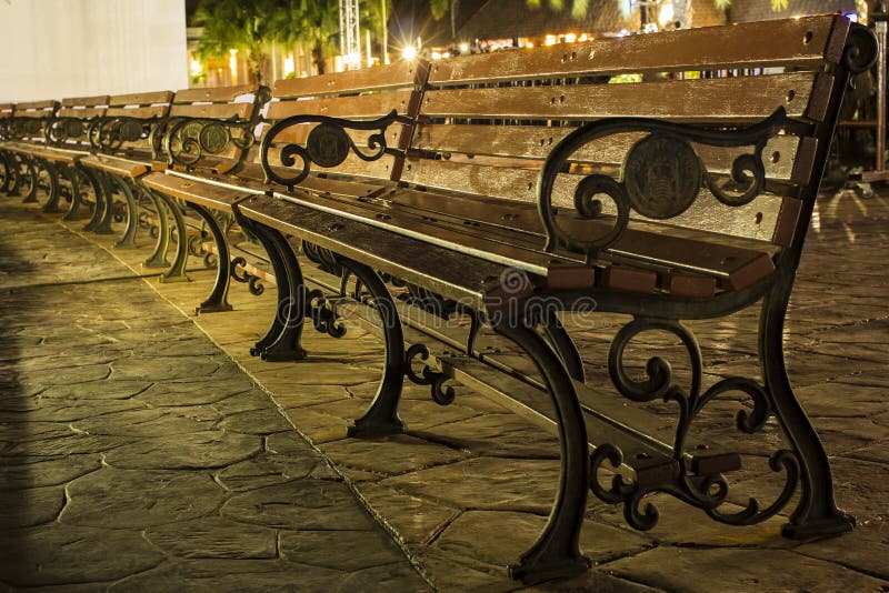 Wood Benches in the Park at Night Stock Photo - Image of wood, night ...