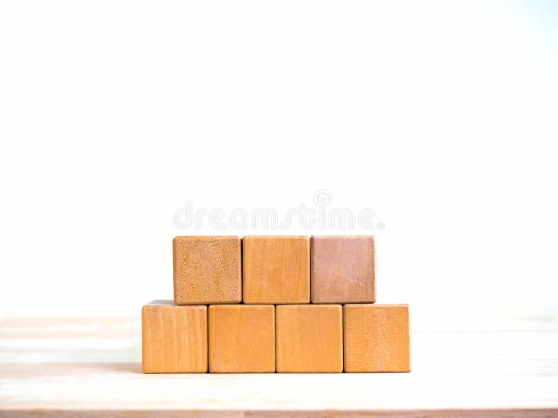 5 Wood Blocks Stack Isolated on Wooden Table, White Banner Background ...
