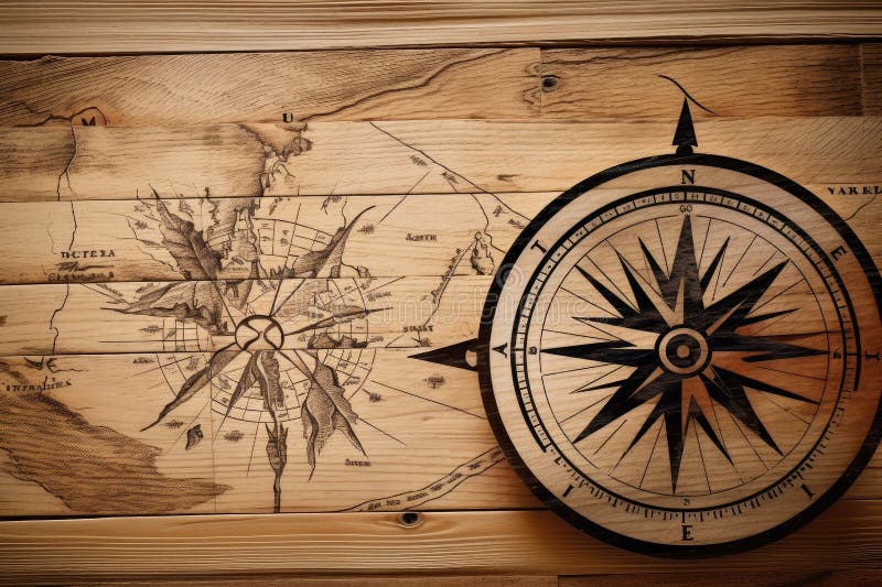 Wood Board with Abstract Illustration of Compass and Map Stock ...