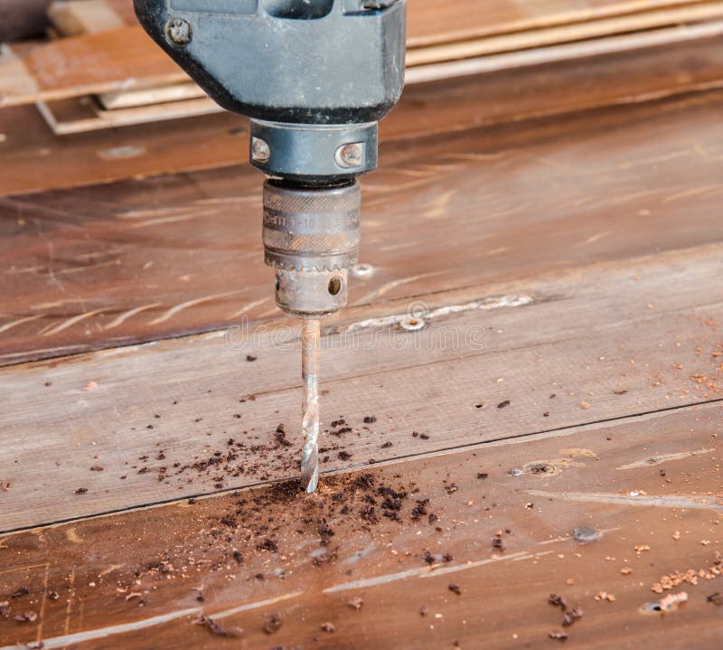 Wood Board Drill by Electric Hand Drill Stock Photo - Image of close ...