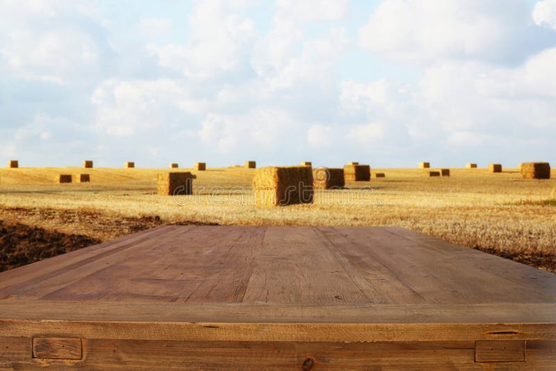 Wood Board Table in Front of Field of Wheat Hay Bale Stock Image ...