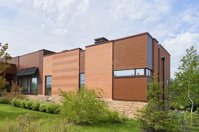 Wood and Brick Exterior of a Modern House Stock Image - Image of ...