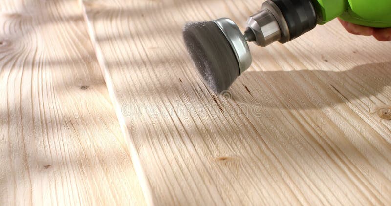 Wood Brushing with Wire Cup Brush for Drill. Close Up. Angle View ...