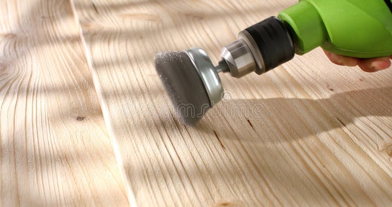 Wood Brushing with Wire Cup Brush for Drill. Close Up. Angle View ...