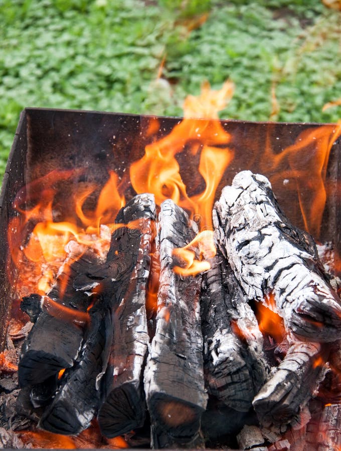Wood Burning in a Barbeque Grill. Closeup of Firewood Stock Photo ...