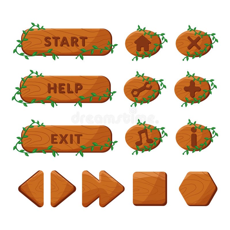 Wood Buttons Set. Vector GUI Asset Collection for Game and App Stock ...