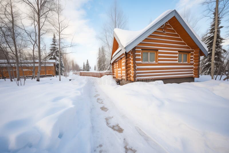 Wood Cabin with a Clear Path Shoveled through Snow Stock Photo - Image ...