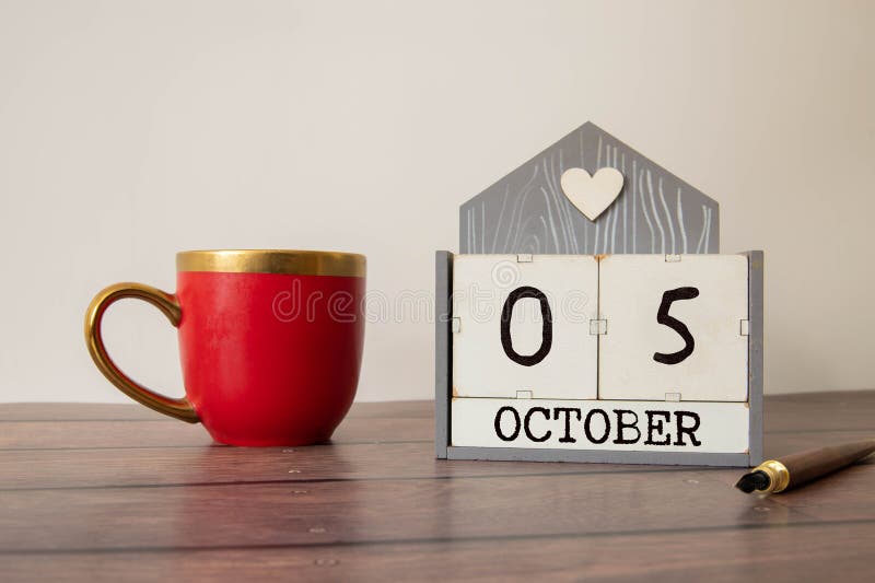 Wood Calendar with Date and Old Clock. Saturday 5 October Stock Image ...