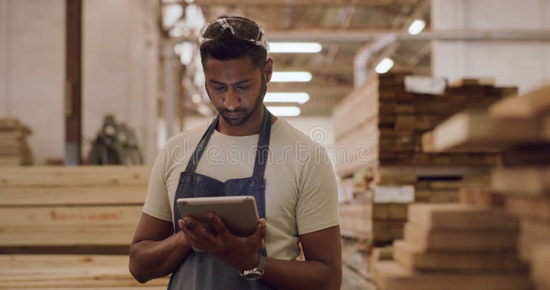 Wood, Carpenter or a Man with a Tablet in a Workshop for Planning ...