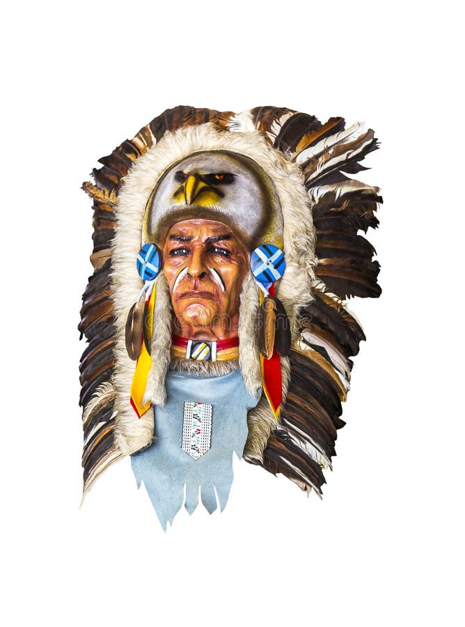 Wood Carved Indian Chief Head on White Stock Photo - Image of feather ...