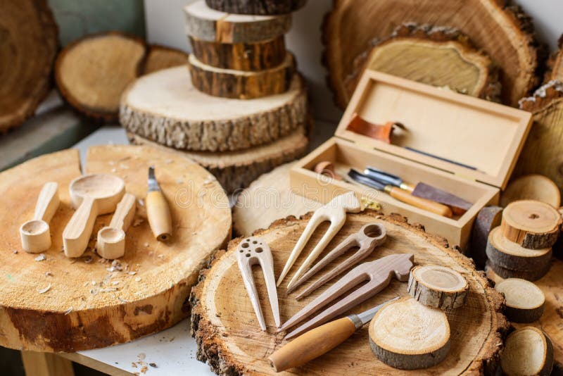 Wood carver`s work place stock image. Image of kitchen - 93139621