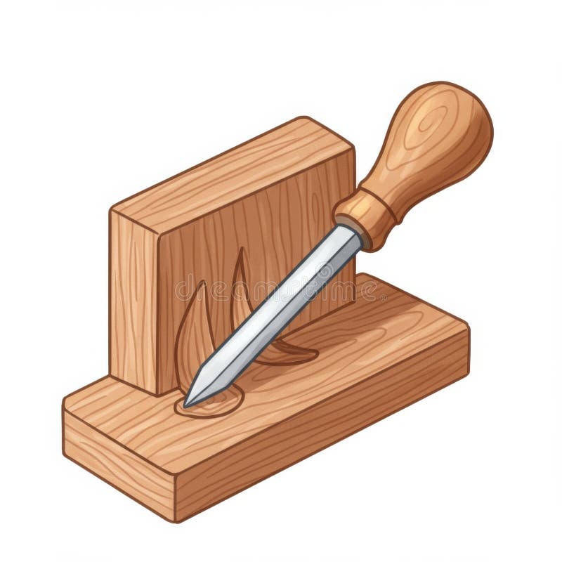 Wood Carving with Chisel on Wooden Block Stock Illustration ...