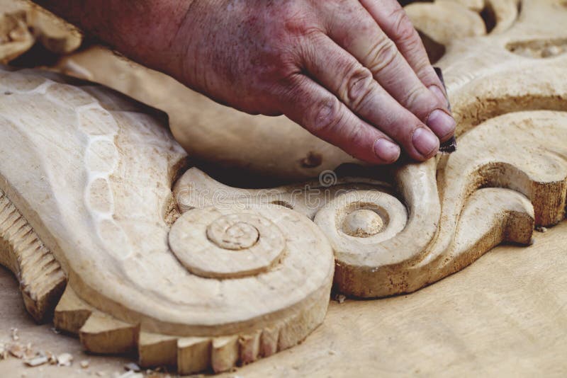 Wood Carvings, Tools and Processes Work Closeup Stock Photo - Image of ...