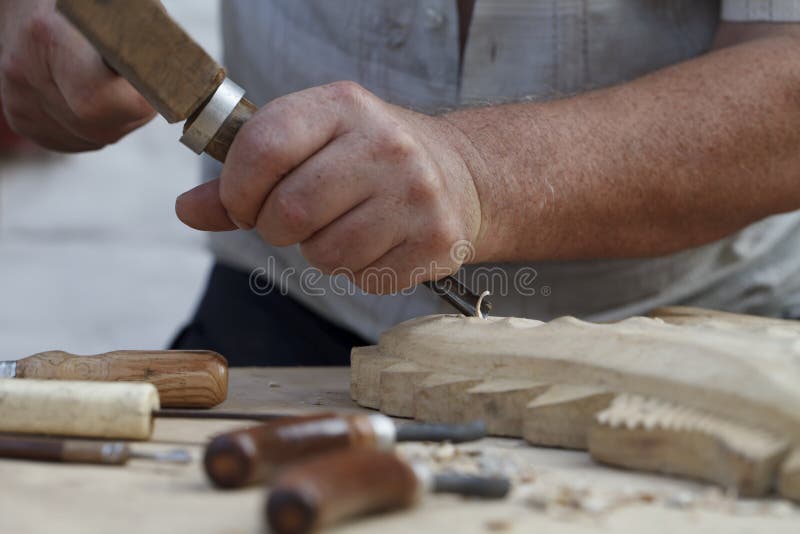 Wood Carvings, Tools and Processes Work Closeup Stock Image - Image of ...