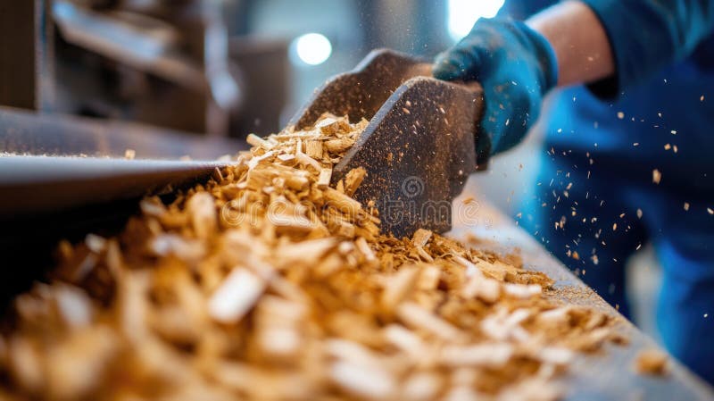 Wood Chip Production Process with Machinery and Worker Handling ...
