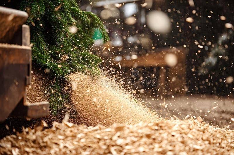 Wood Chipper Processing Branches Creating a Pile of Wood Chips Stock ...