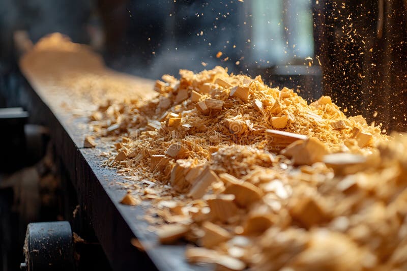 Wood Chips on Conveyor Belt in Factory Stock Photo - Image of ...