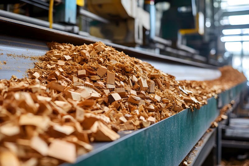 Wood Chips on Conveyor Belt in Factory Stock Photo - Image of ...