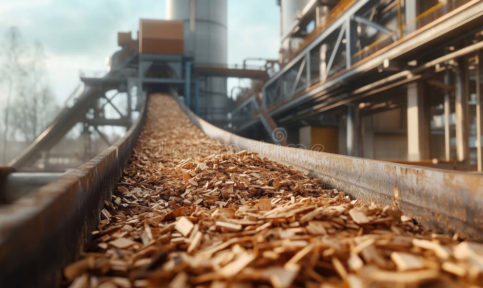 Wood Chips on Conveyor Belt in Industrial Processing Facility Stock ...