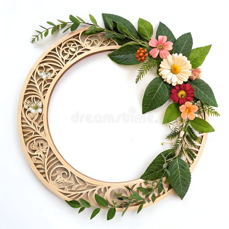 Wood Circle Frame with Leaves and Flowers Stock Illustration ...