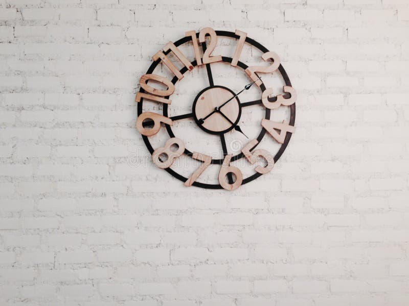 Wood Clock on White Brick Wall Stock Photo - Image of white, vintage ...
