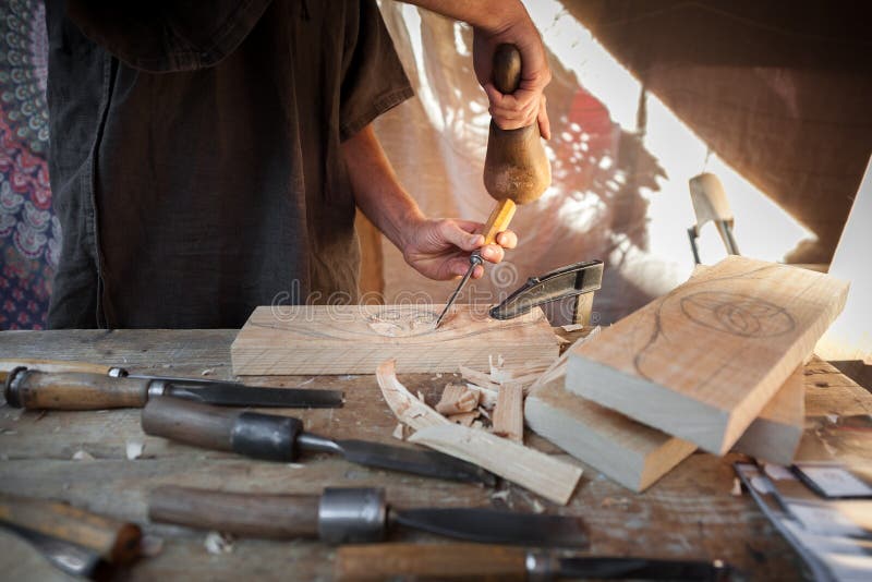 Wood Craftsman with Various Hand Tools Working Stock Image - Image of ...