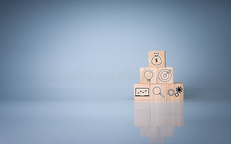 Wood Cube Block Stacking with Icon.Concept of Business Strategy and ...