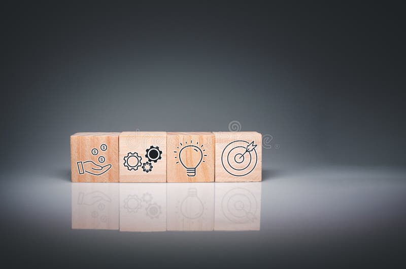 Wood Cube Block Stacking with Icon.Concept of Business Strategy and ...