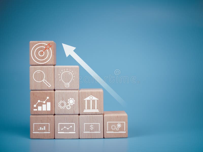 Wood Cube Block Stacking with Icon.Concept of Business Strategy and ...