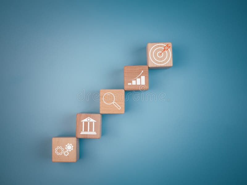 Wood Cube Block Stacking with Icon.Concept of Business Strategy and ...