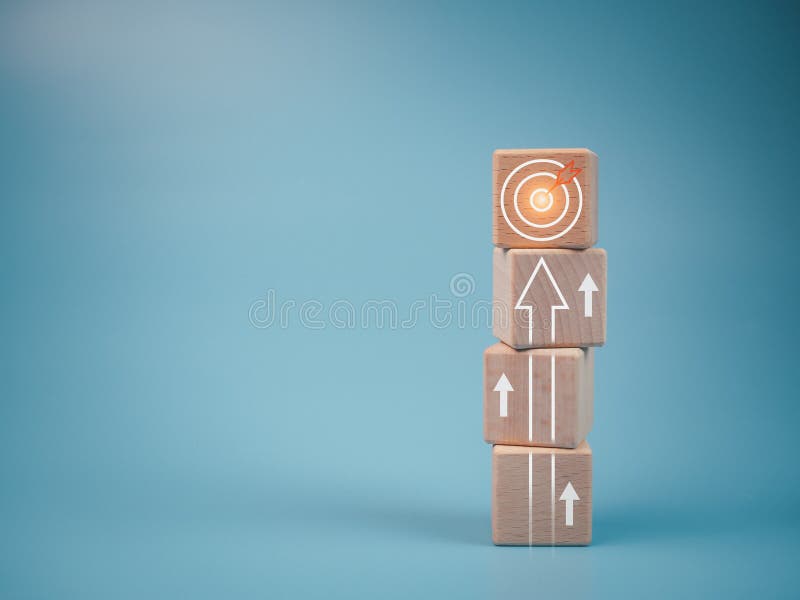 Wood Cube Block Stacking with Icon.Concept of Business Strategy and ...