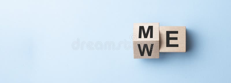 Wood Cube with Me or we on Blue Background, Copy Space Stock Image ...