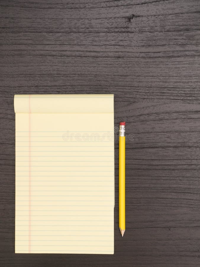 Wood Desk, Yellow Notepad, Pencil on Desk Stock Photo - Image of copy ...