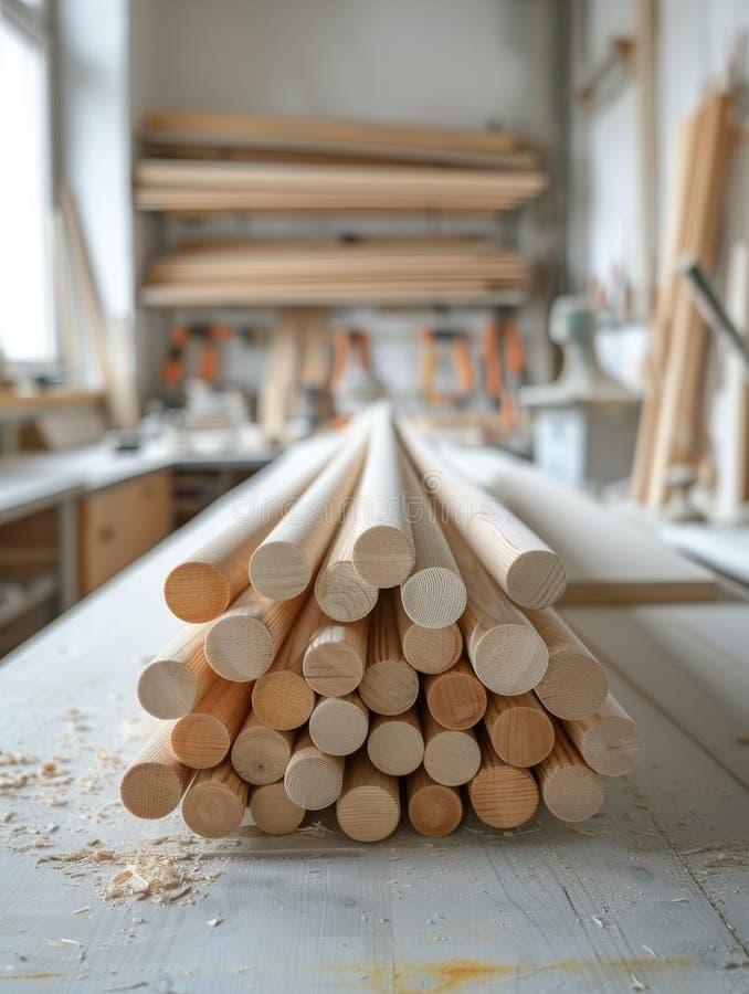 Wood Dowels Stacked on a Workbench in a Woodworking Shop. Stock Image ...