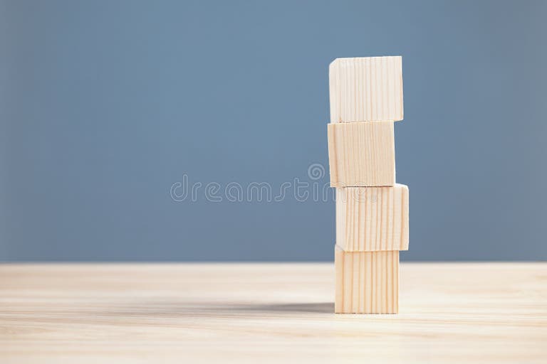 Wood Empty Four Blocks Stack on Table and Blue Blackground with Copy ...