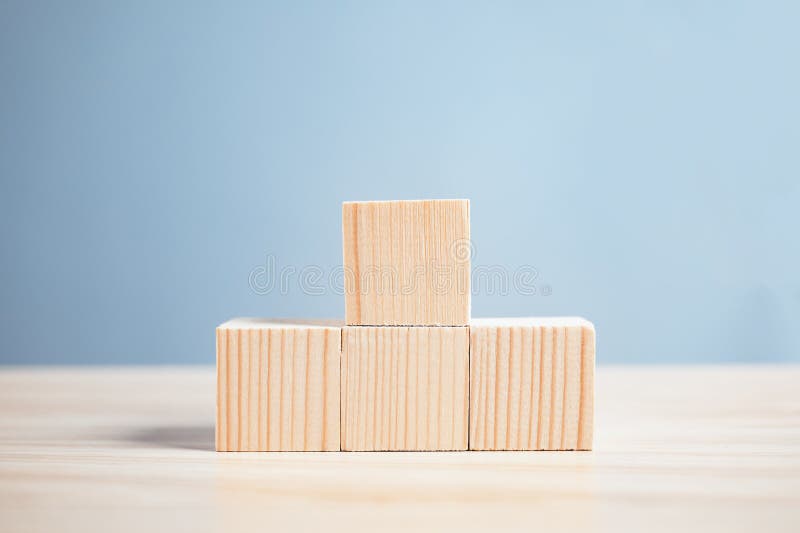 Wood Empty Four Blocks on Table and Blue Blackground with Copy Space ...