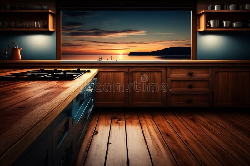 Wood Empty Surface and Kitchen As Background in the Evening Generative ...