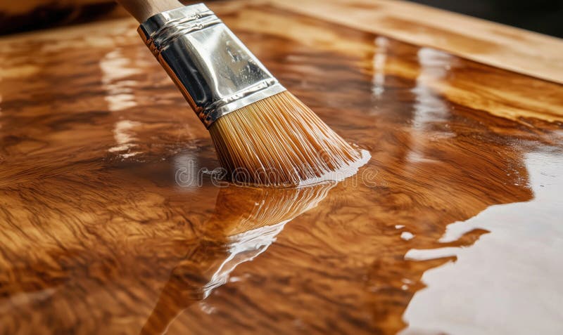 Wood Finishing Process with Brush Applying Varnish Stock Image - Image ...