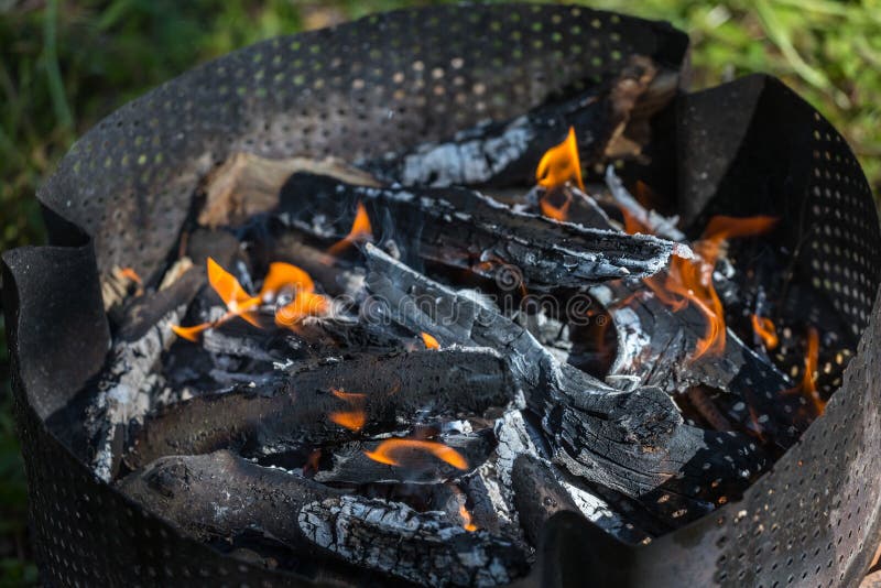 Wood Fire for Barbecue in Black Metal Container Stock Image - Image of ...