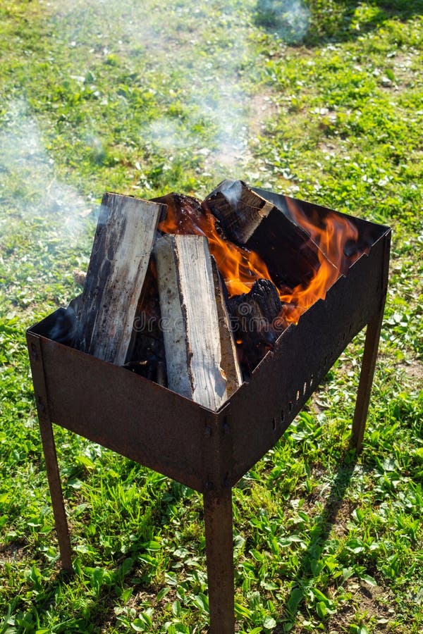 Wood-fired Grill Staying on the Grass with a Fire and Burning Wood in ...