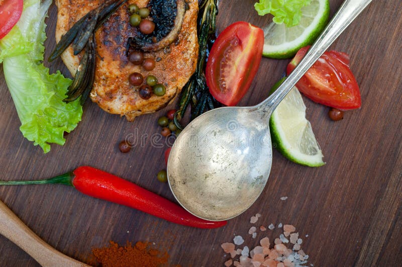 Wood Fired Hoven Cooked Chicken Breast on Wood Board Stock Image ...