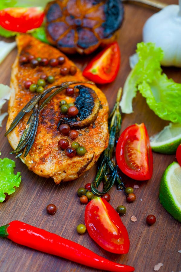 Wood Fired Hoven Cooked Chicken Breast on Wood Board Stock Image ...