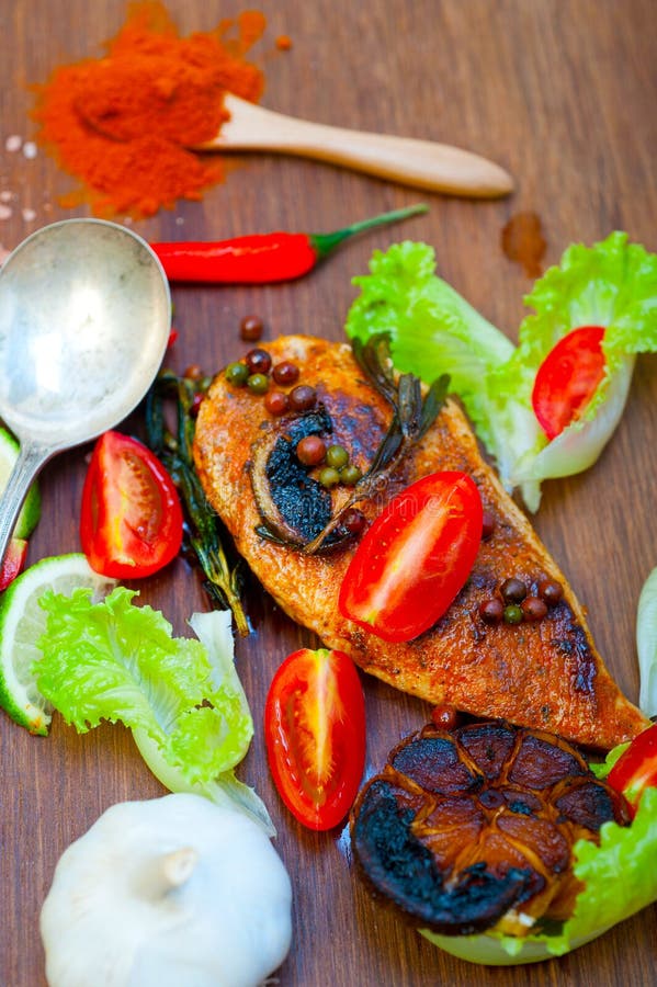 Wood Fired Hoven Cooked Chicken Breast on Wood Board Stock Photo ...