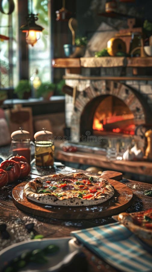 Wood-fired Pizza in a Cozy Rustic Kitchen Setting with Vegetables Stock ...
