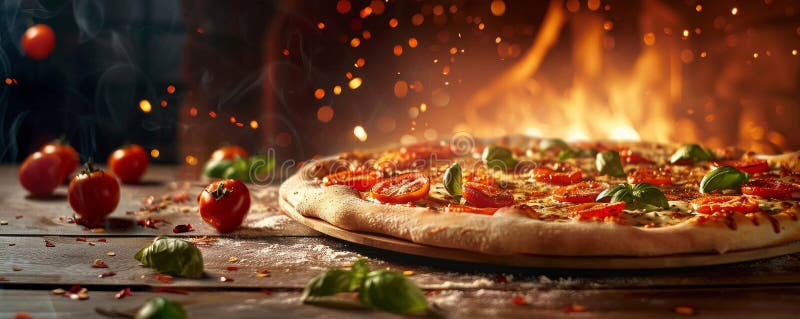 Wood-fired Pizza with Fresh Basil and Tomatoes, Rustic Kitchen ...