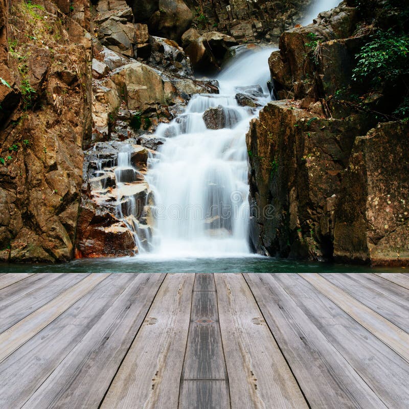 Wood Floor Perspective and Natural Waterfall. Stock Photo - Image of ...