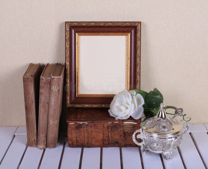 Wood Frame with Old Books on Table Stock Image - Image of design, desk ...