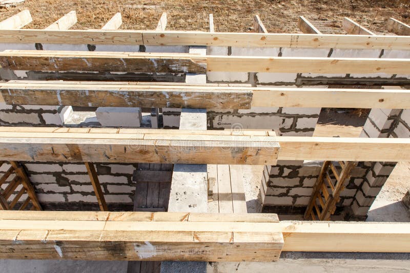 Wood Frame Structure of Building. Ceiling Beams are Made of Natural Eco ...