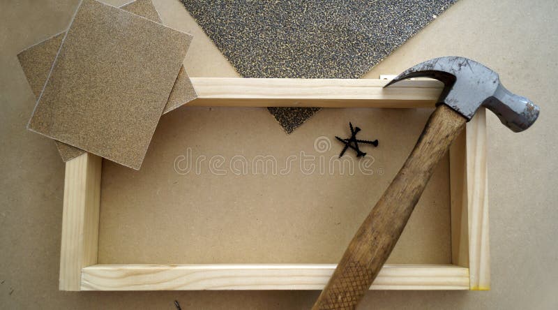 Wood frame and tools stock image. Image of background - 105831155
